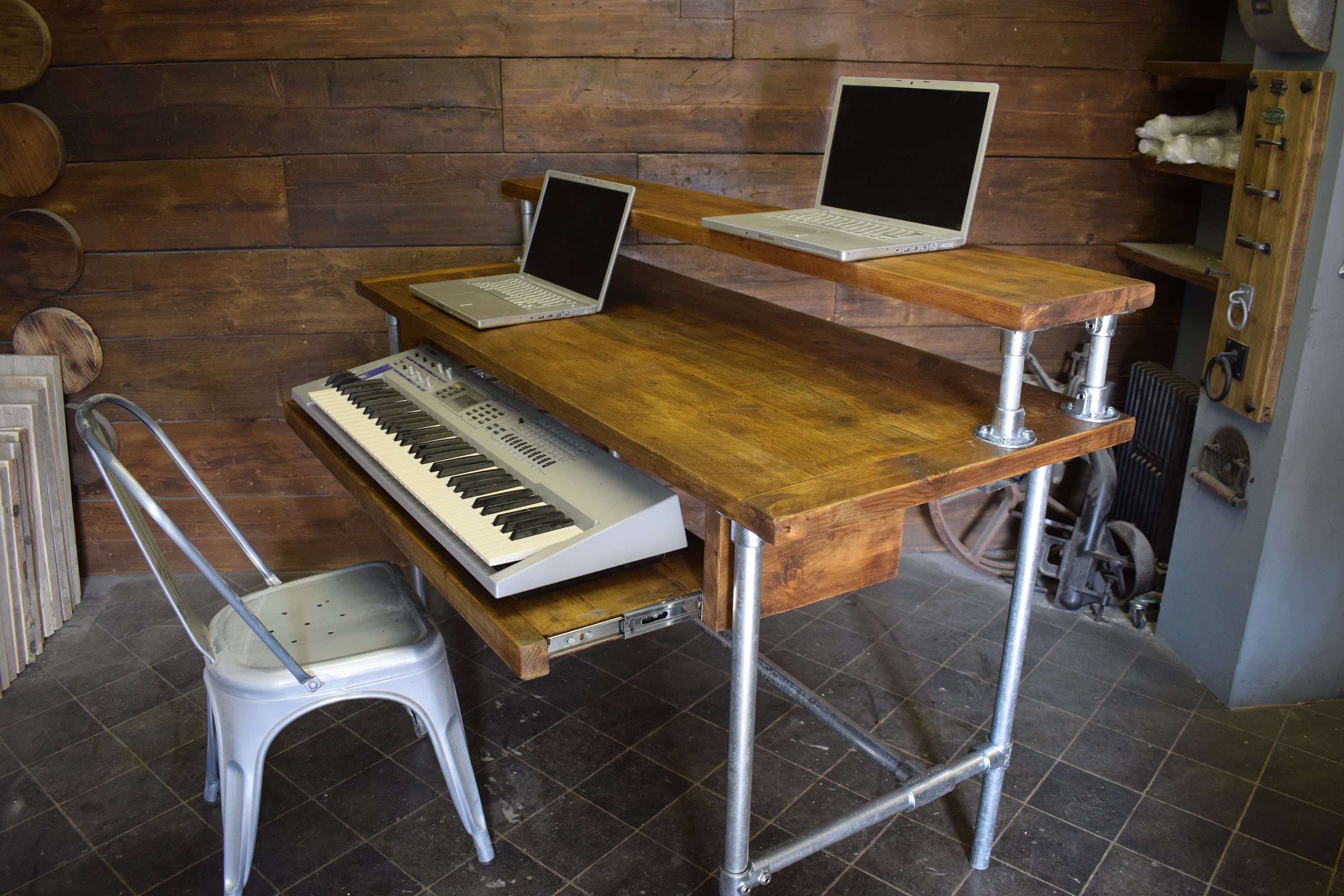 Reclaimed Scaffold Board Music Studio Desk, Keyboard Shelf, Steel Frame ...