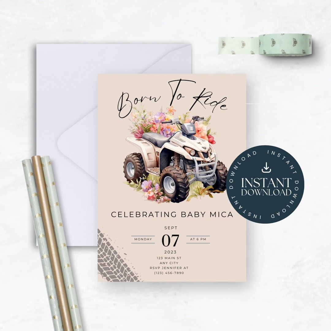 ATV Born to Ride Baby Shower Invite Template Four Wheeler Four-wheeler ...