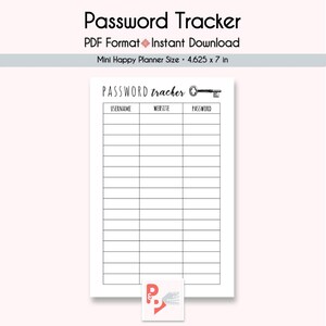 PASSWORD TRACKER Mini Happy Planner Printable Insert, Create 365, Happy ...