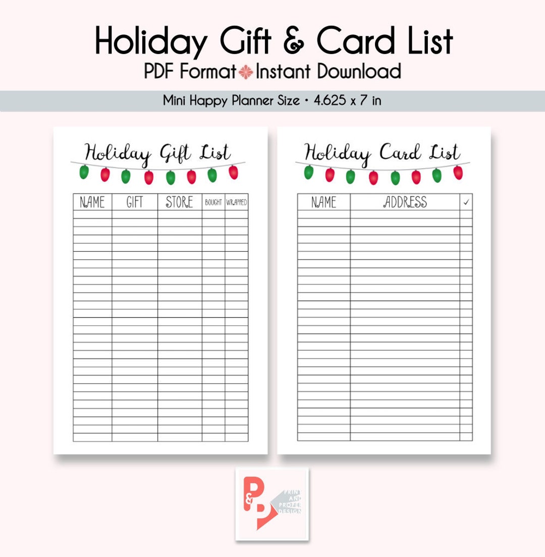 Holiday Gift & Card List Printable, Mini Happy Planner Insert (digital ...