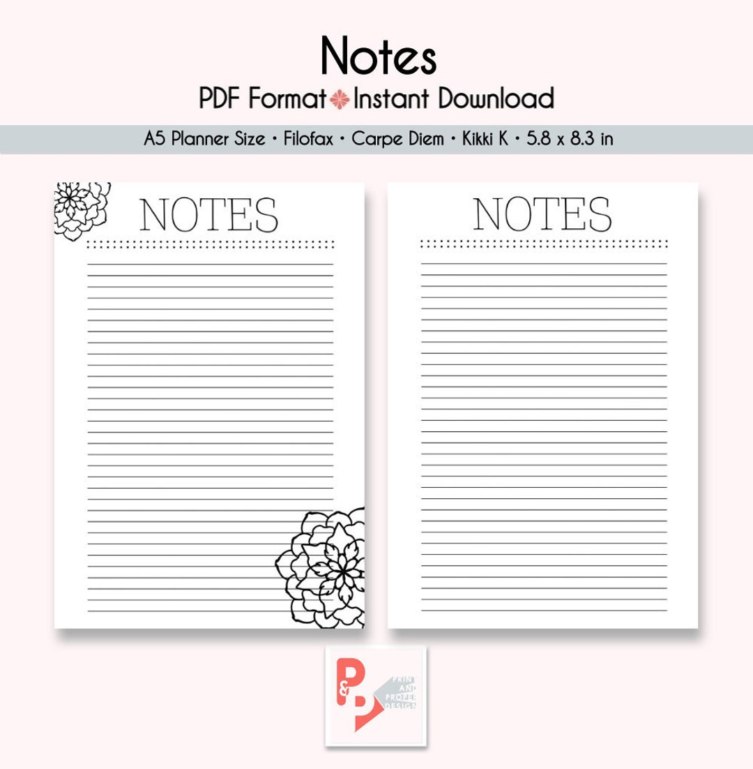 NOTES A5 Planner Inserts, Printable Planner, A5 Planner, A5 Notes, A5 ...