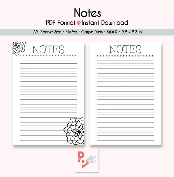 NOTES A5 Planner Inserts Printable Planner A5 Planner A5 | Etsy