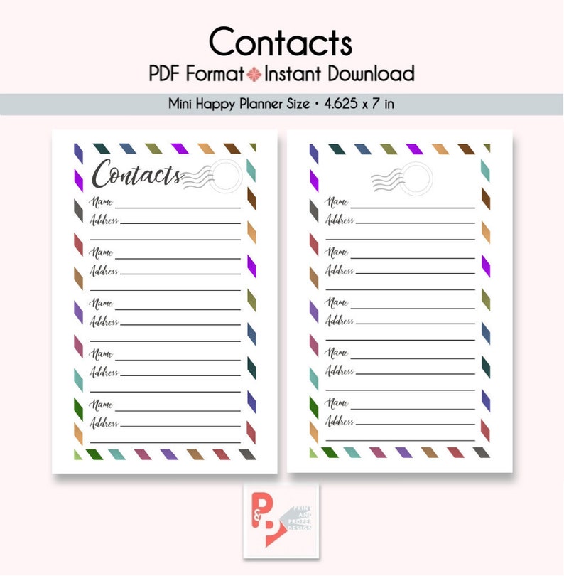 Mini Happy Planner Contacts Insert, Printable Address Book (digital ...