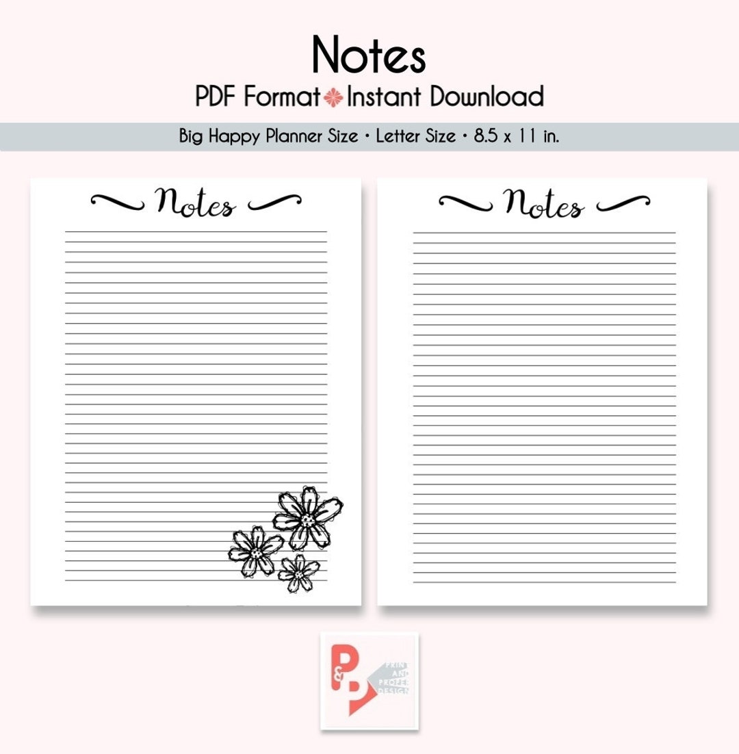 Big Happy Planner Notes Inserts, Floral Lined Paper (digital Download ...