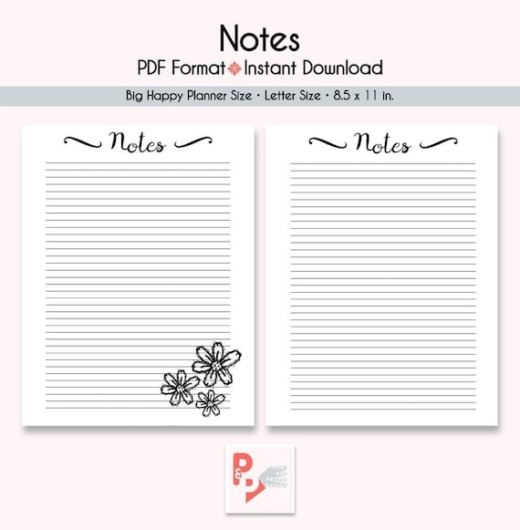 NOTES Big Happy Planner Printable Inserts Create 365 Happy | Etsy