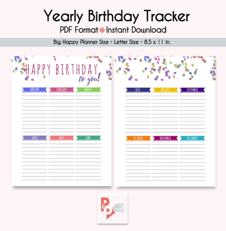 YEARLY BIRTHDAY TRACKER Big Happy Planner Printable Inserts, Happy ...