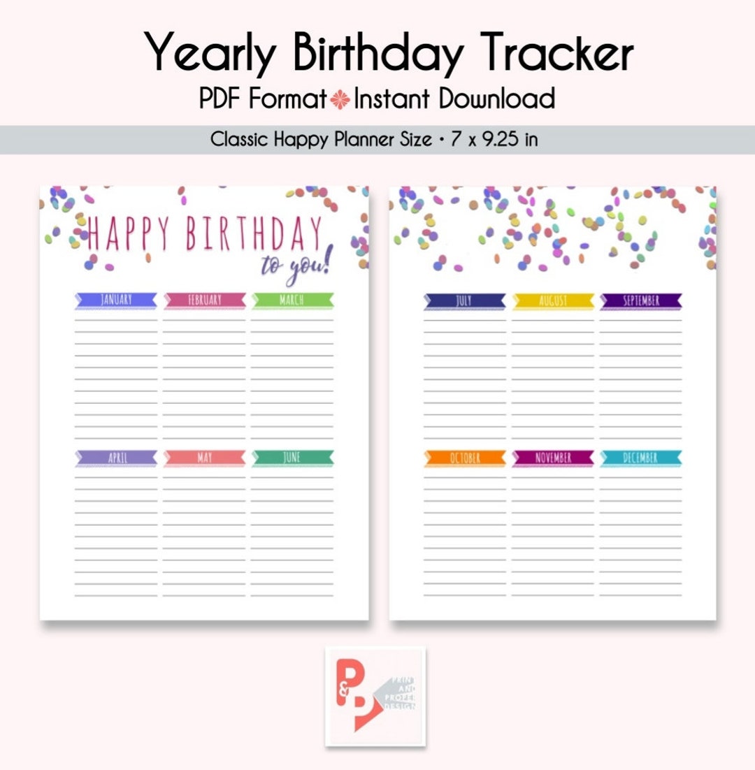 Yearly Birthday Tracker, Happy Planner Printable Insert (digital ...