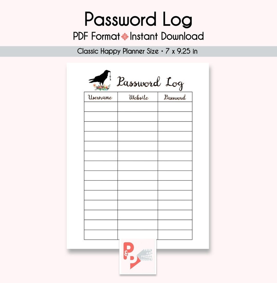 PASSWORD LOG Happy Planner Printable Insert, Create 365, Happy Planner ...