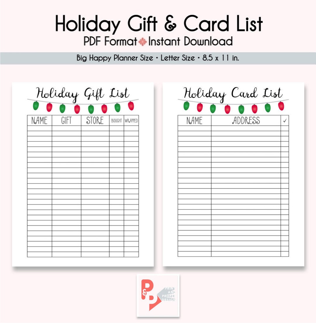 Holiday Gift & Card List, Big Happy Planner Inserts (digital Download ...