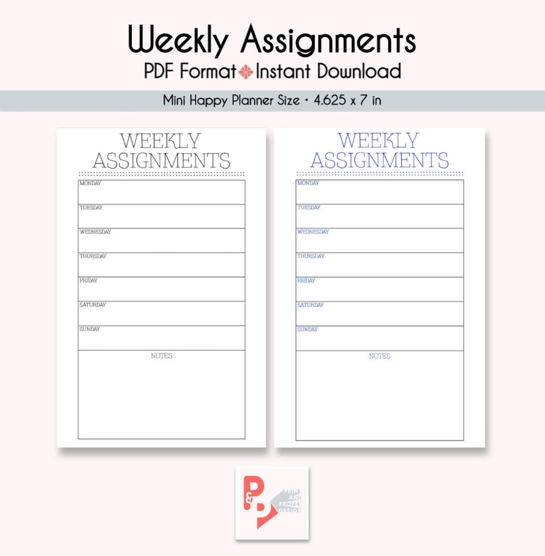 Weekly Assignments Planner Inserts for Mini Happy Planner (digital ...