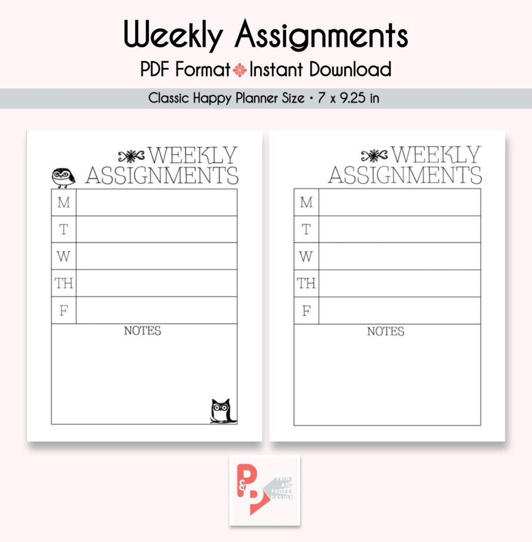 Weekly Assignment Planner Inserts, Happy Planner Classic (digital ...