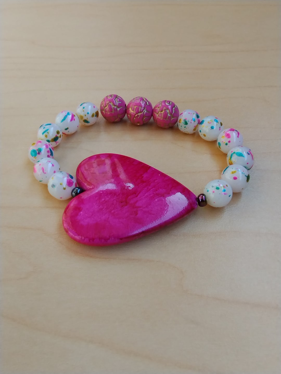 Valentine's Day Bracelet, Big Pink Heart Stretch Bracelet for a Woman ...