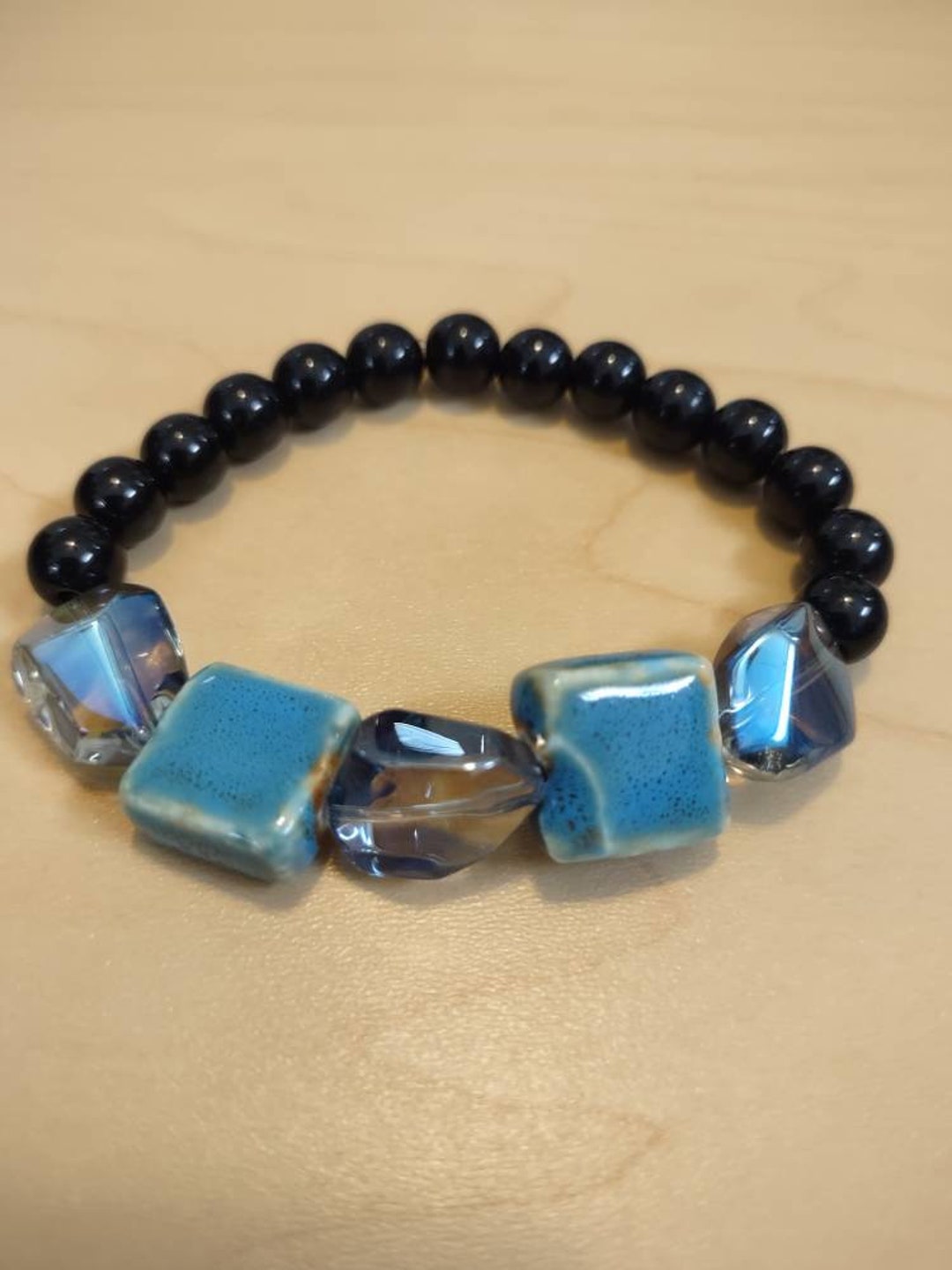 Handmade Square Bead Stretch Bracelet for Her With 8 Mm Black Beads - Etsy