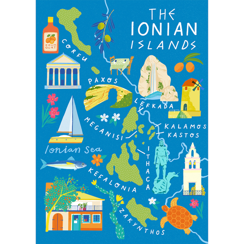 Ionian Islands. Greek Illustrated Map Print A4/A3 - Etsy