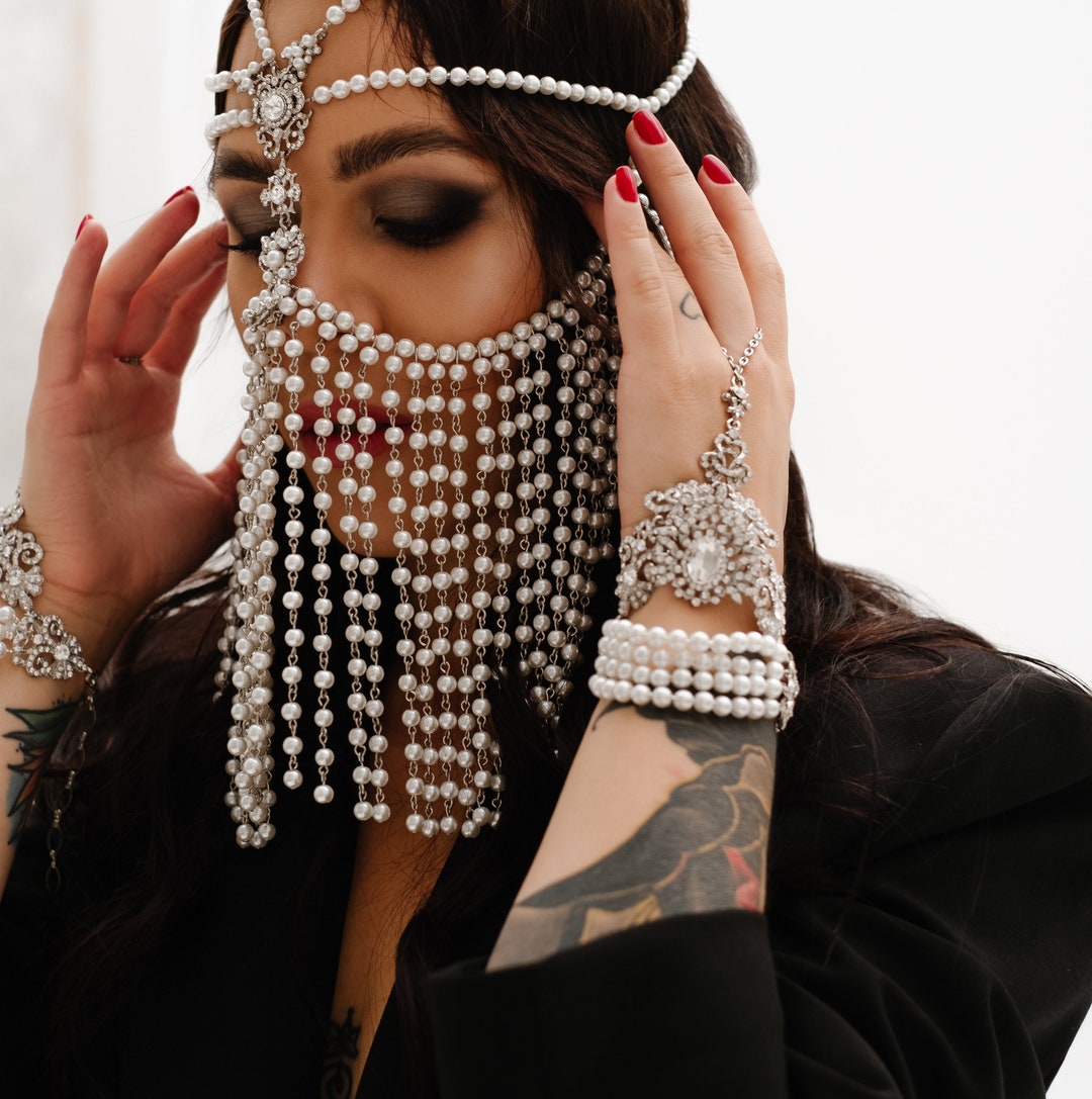 Festival Headpiece~pearl Mask~face Mask~pearl Headpiece~rhinestone ...