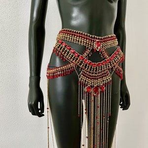Red Belt~gold Body Chain~body Harness~gold Crystal Belt~crystal Body ...