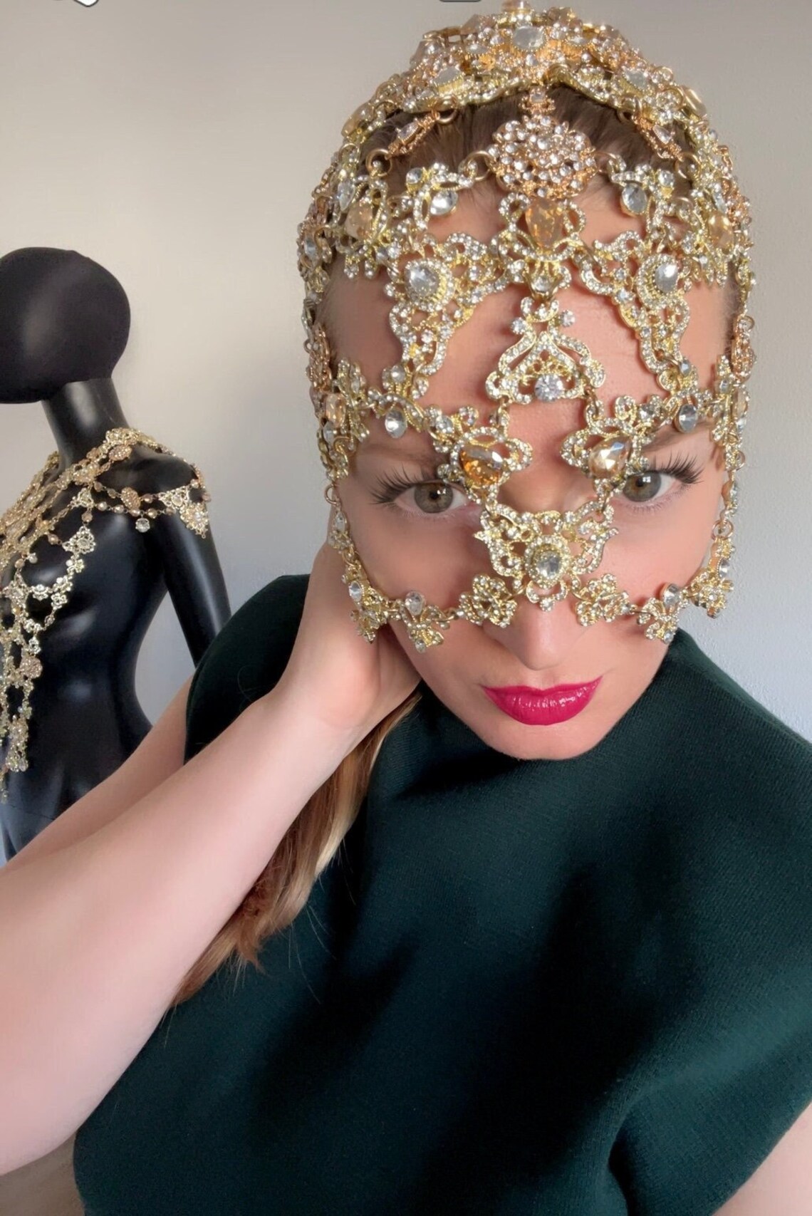 Gold Mask~ Rhinestone Mask~rave Mask~gold Headpiece~chain Mask ...