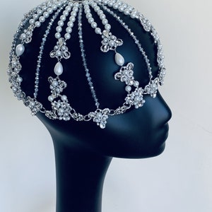 Pearl headpiece Silver head chain Crystal hairnet Bridal | Etsy