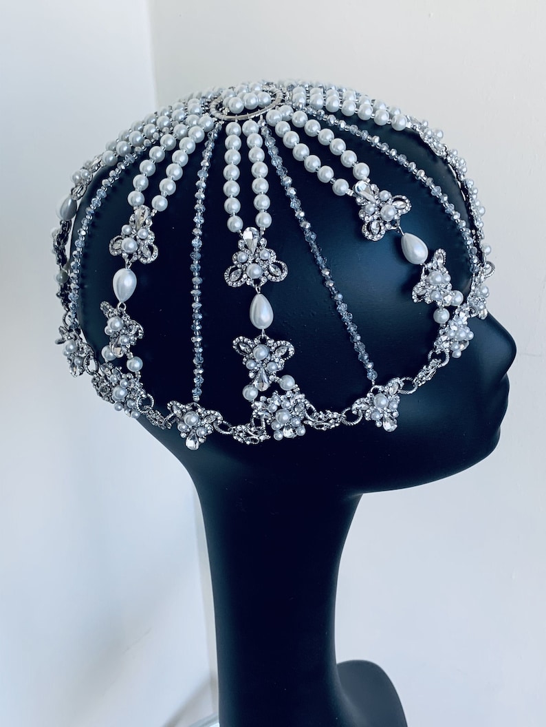 Pearl Headpiece silver Head Chain Crystal Hairnet Bridal - Etsy