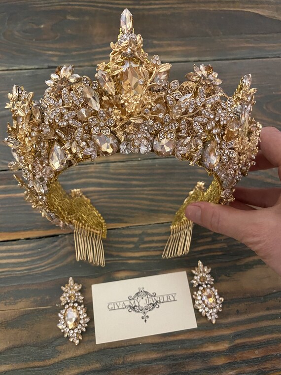 Gold royal crownWedding crownGold crownWeeding | Etsy
