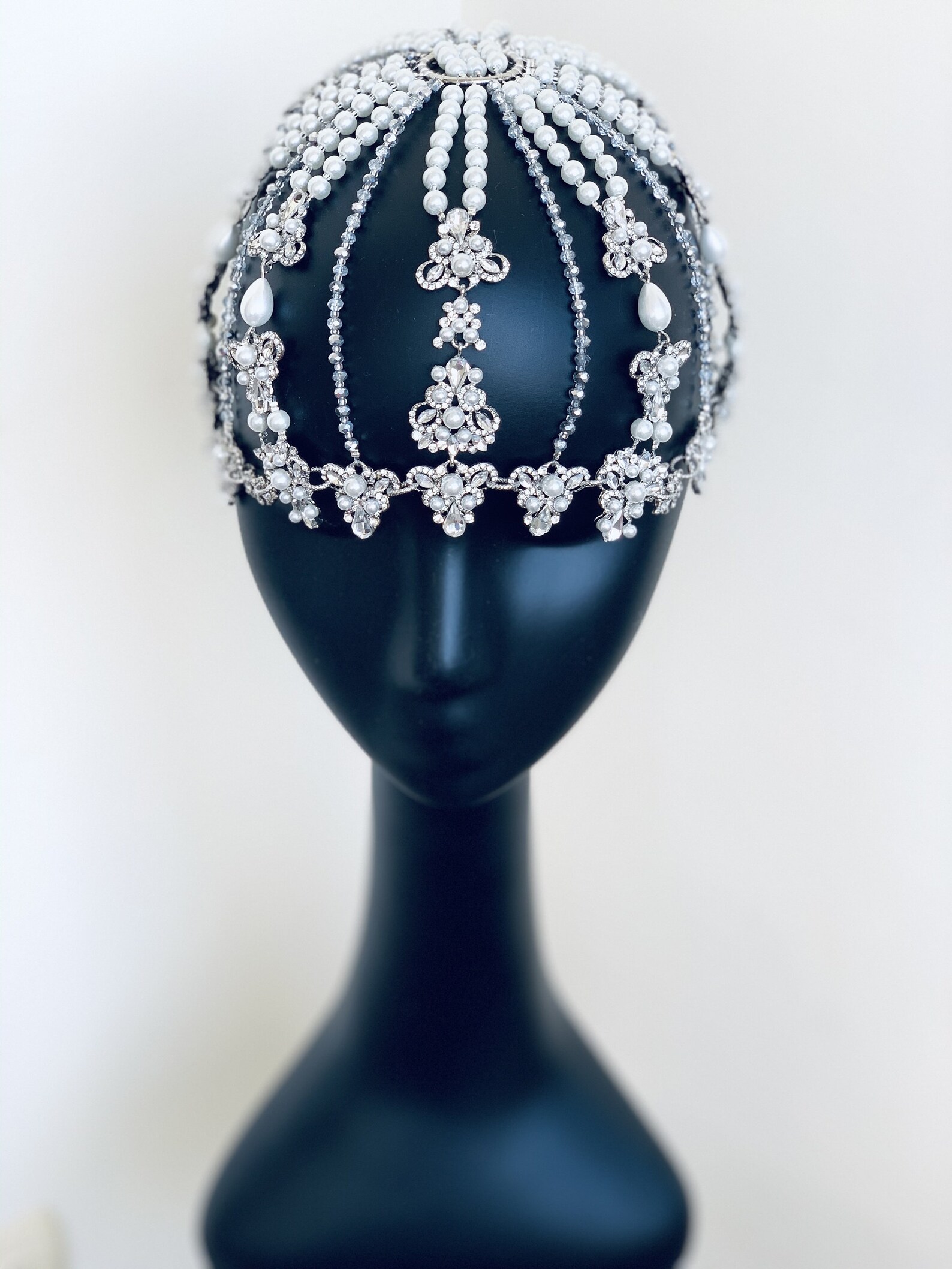 Pearl Headpiece silver Head Chain Crystal Hairnet Bridal - Etsy