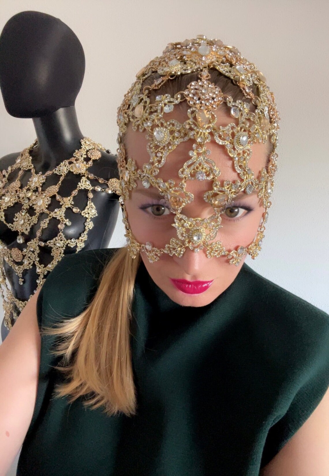 Gold Rhinestone Face Mask| Rave Festival Headpiece| Gold Headpiece ...