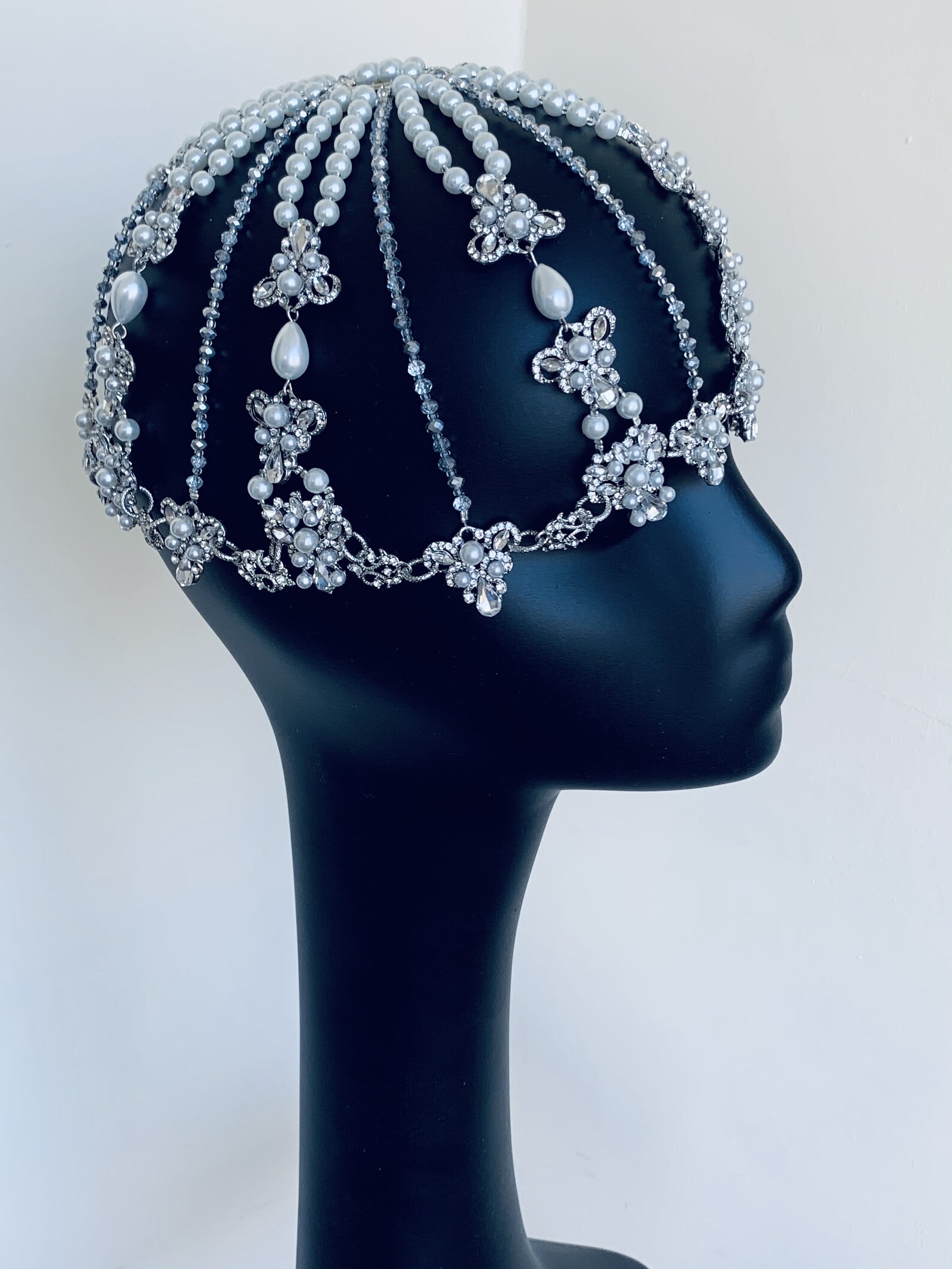 Pearl Headpiece silver Head Chain Crystal Hairnet Bridal | Etsy