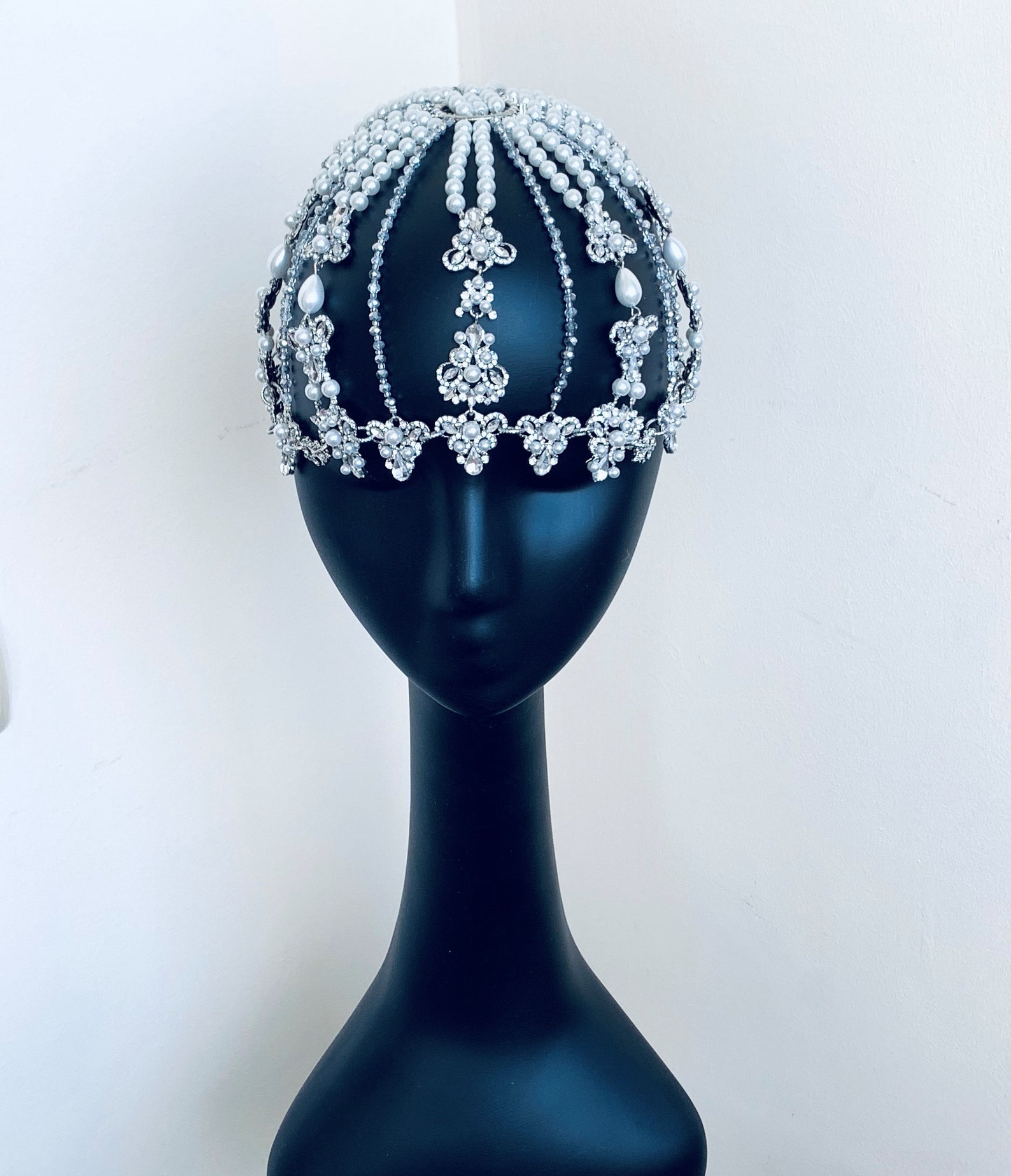 Pearl Headpiece silver Head Chain Crystal Hairnet Bridal | Etsy