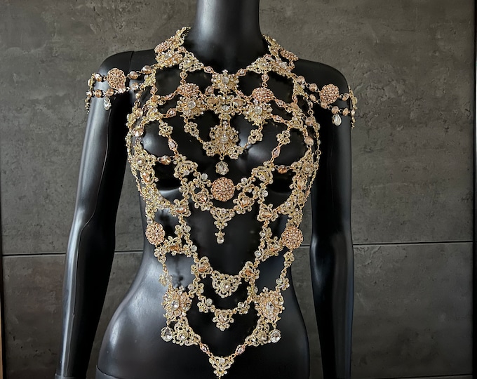 Gold Body Necklace~shoulder Necklace~rhinestone Necklace~body Necklace ...