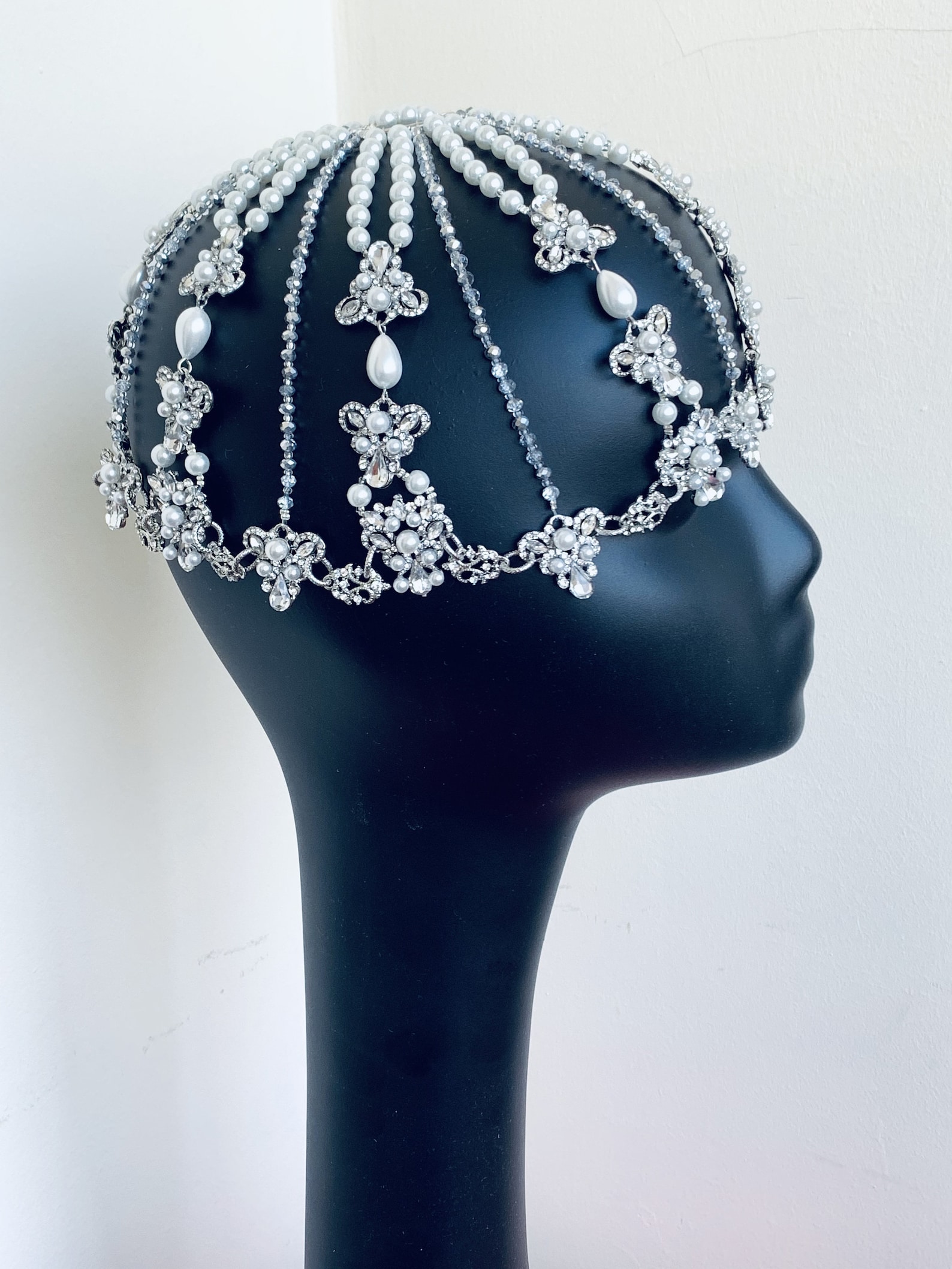 Pearl Headpiece silver Head Chain Crystal Hairnet Bridal | Etsy