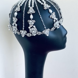 Pearl Headpiece ~silver Head Chain~ Crystal Hairnet~ Bridal Forehead ...