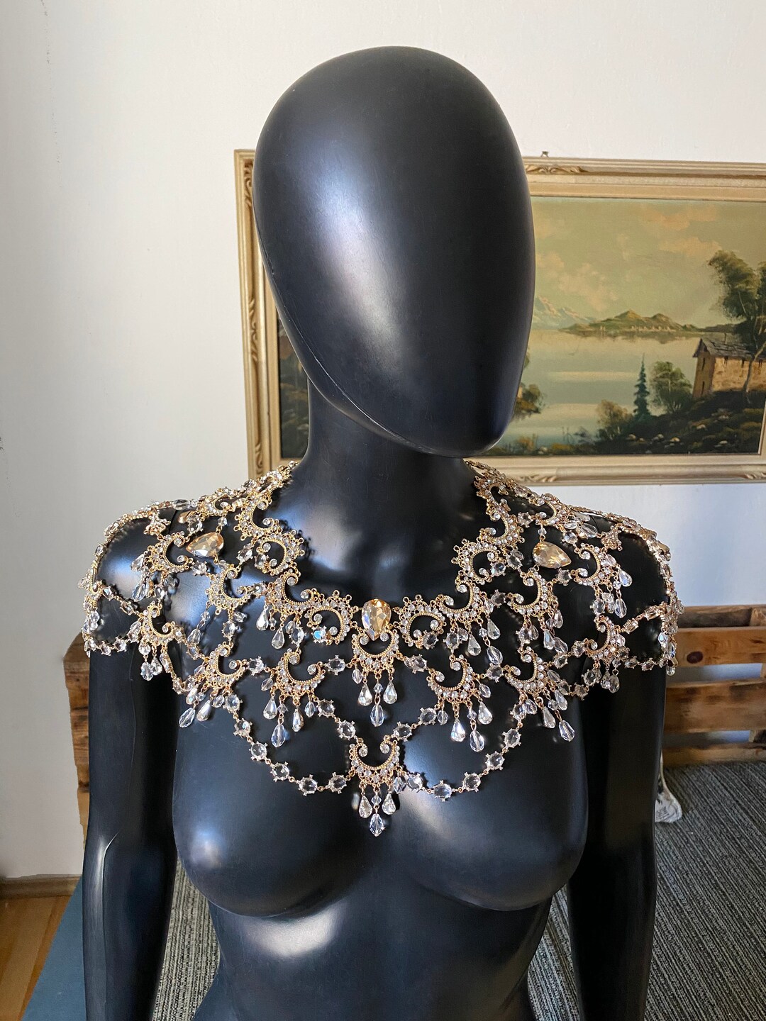 Bridal Gold Crystal Shoulder Necklace, Statement Wedding Jewelry ...
