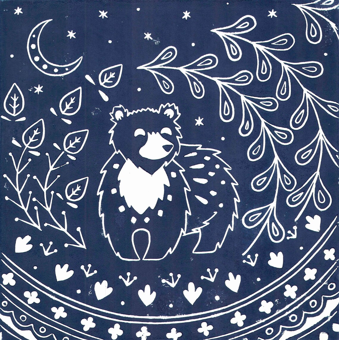 Leon Bear in Midnight Blue, Scandinavian Print, Limited Edition Linocut ...