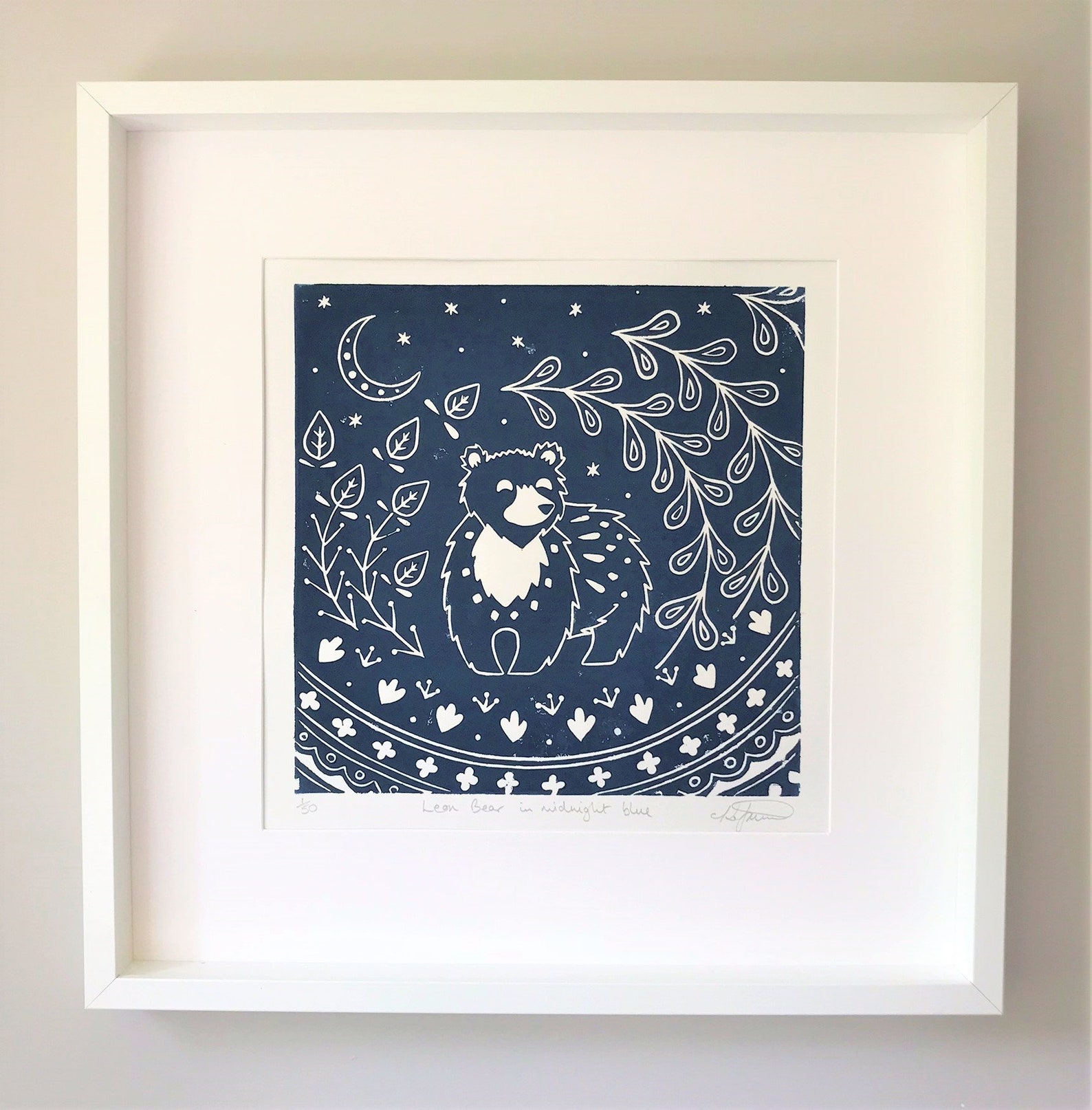 Leon Bear in Midnight Blue, Scandinavian Print, Limited Edition Linocut ...