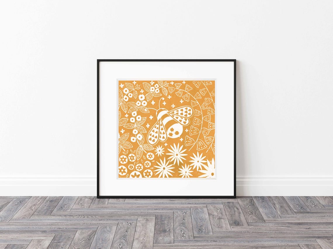 Beatrix Bee in Ochre, Scandi Folk Art, Limited Edition Linocut Print - Etsy