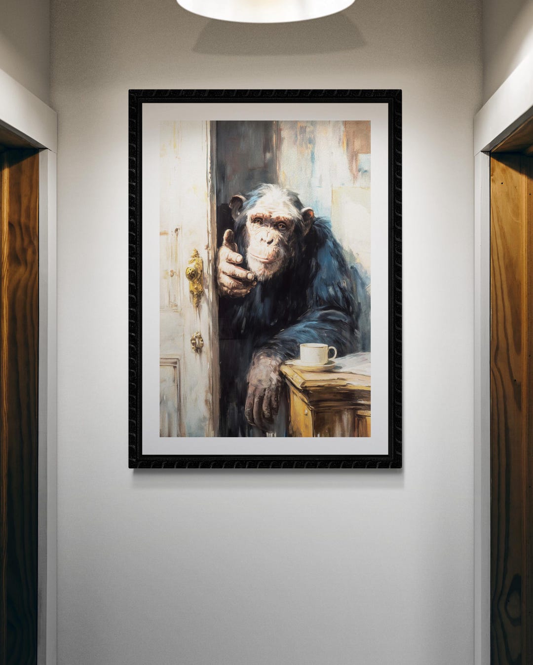 Chimpanzee at the Door Wall Art – Narrative Animal Painting | Digital ...