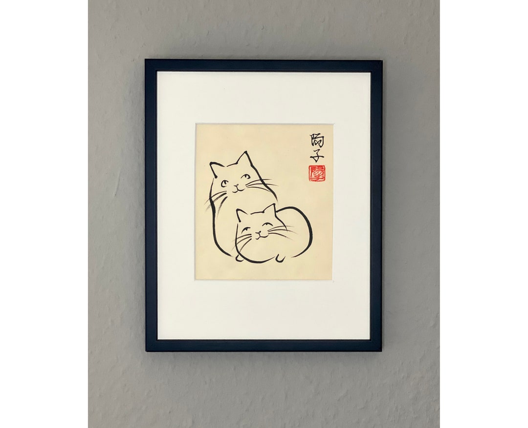 Original Japanese Ink Painting of Two Cats “we've Been Waiting for You ...