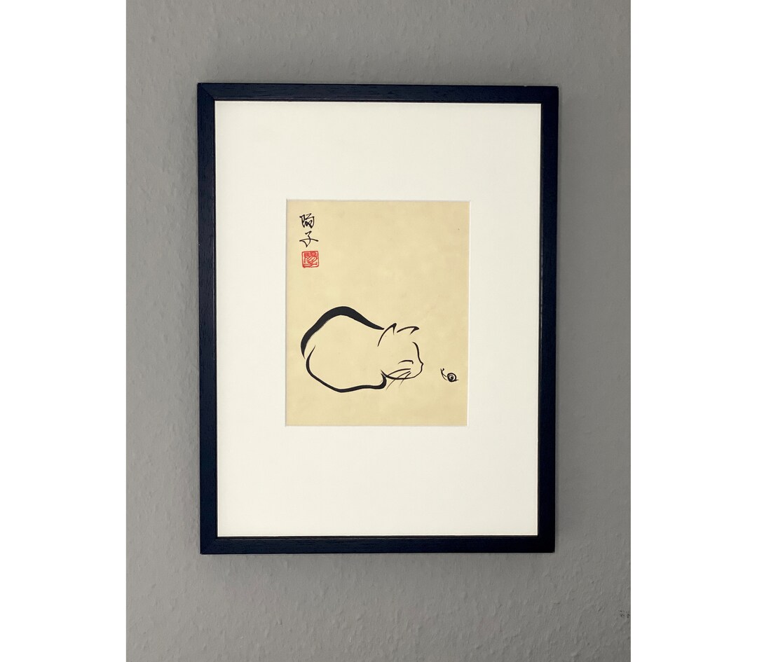 Original Japanese Ink Painting cat and Snail on Natural Awagami Paper ...