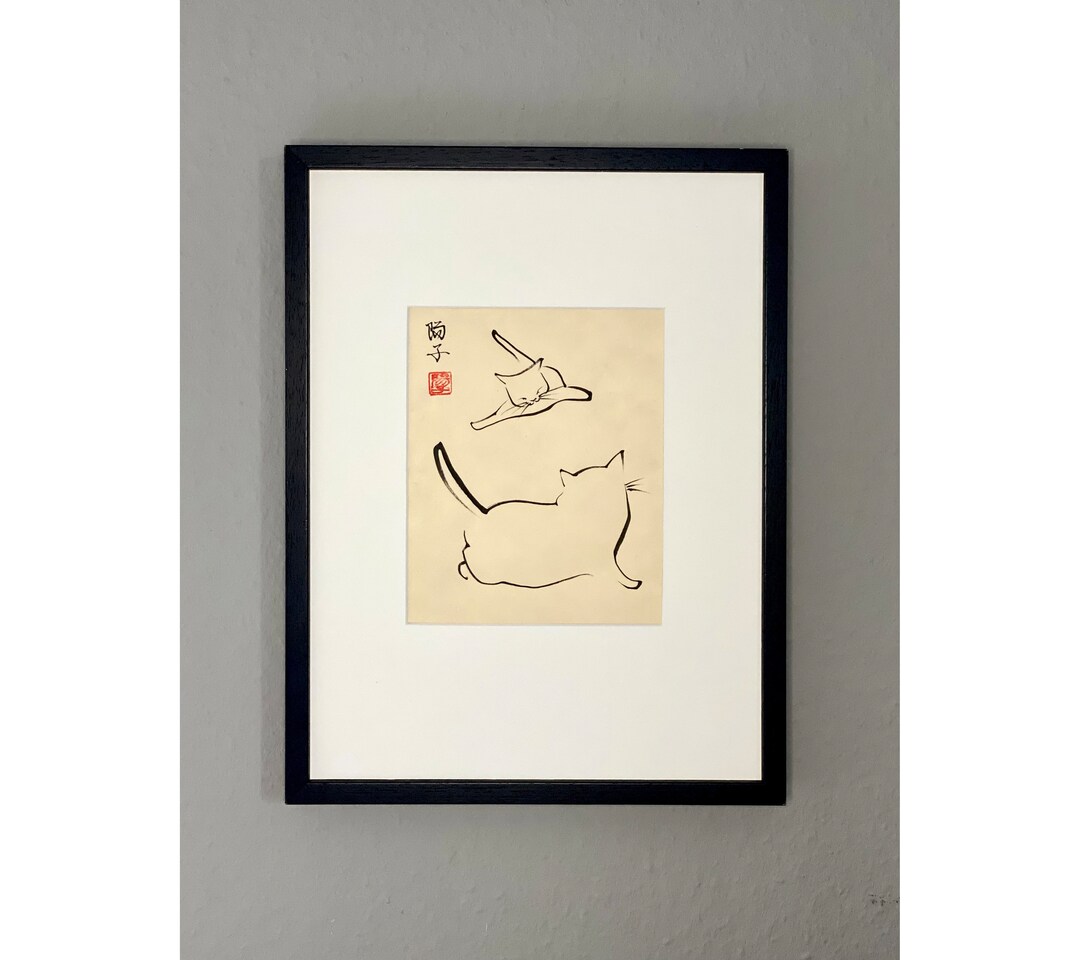 Original Sumi-e Cat Painting “cats Fighting”: Japanese Ink Art on ...