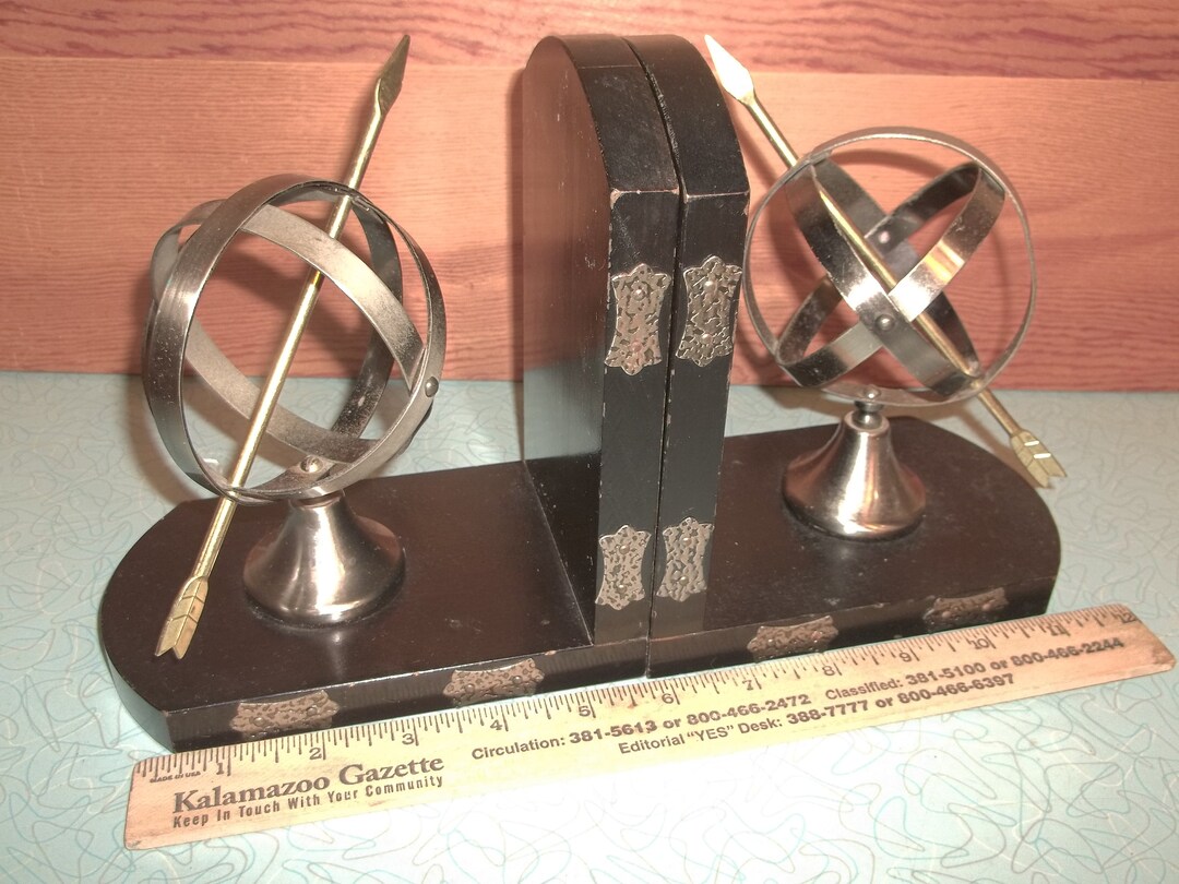 Vintage Armillary Sphere Bookends Atlas Globe Arrow Art Deco Wood and ...