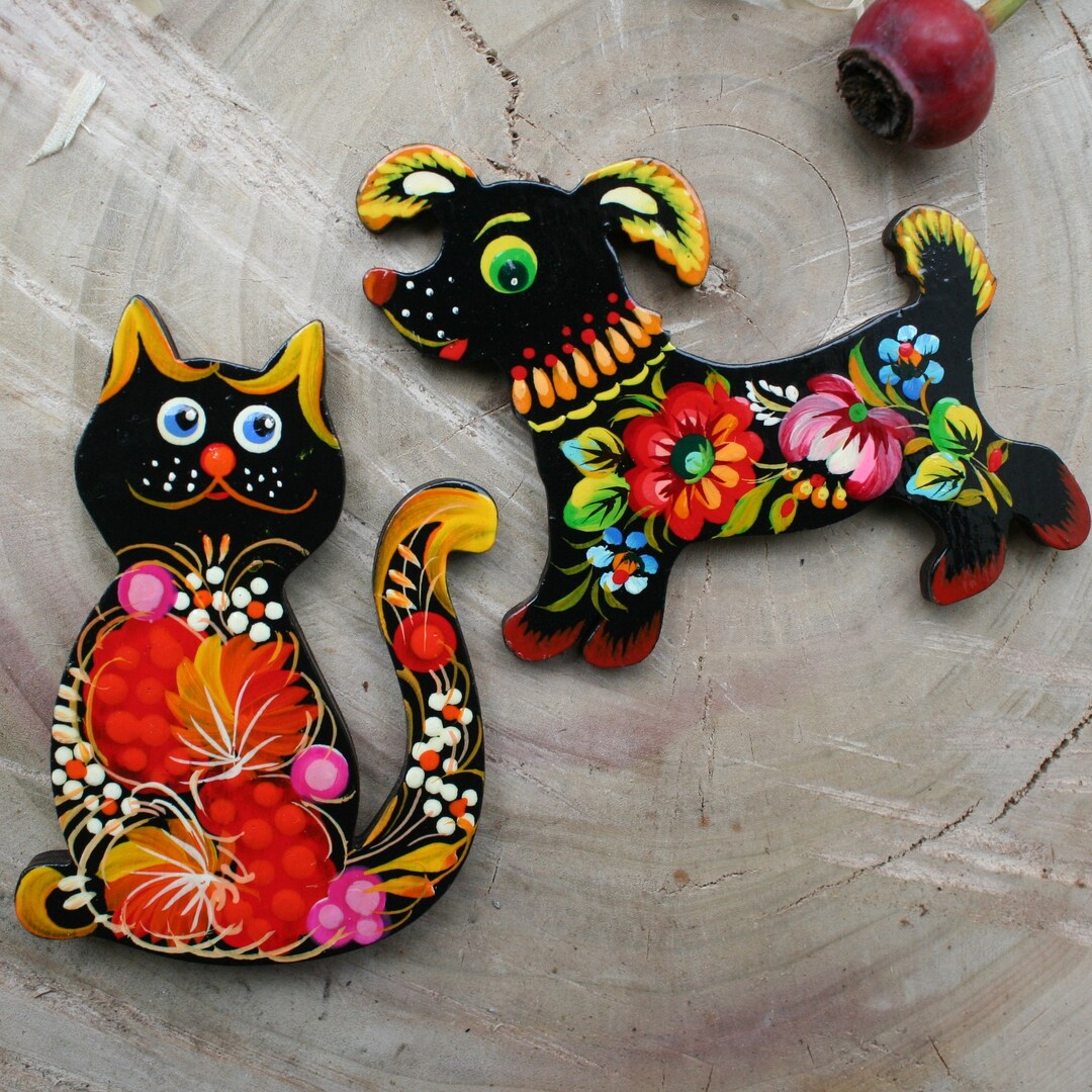 Cute Cat and Dog Fridge Magnets Set -black Animal Wooden Magnets ...