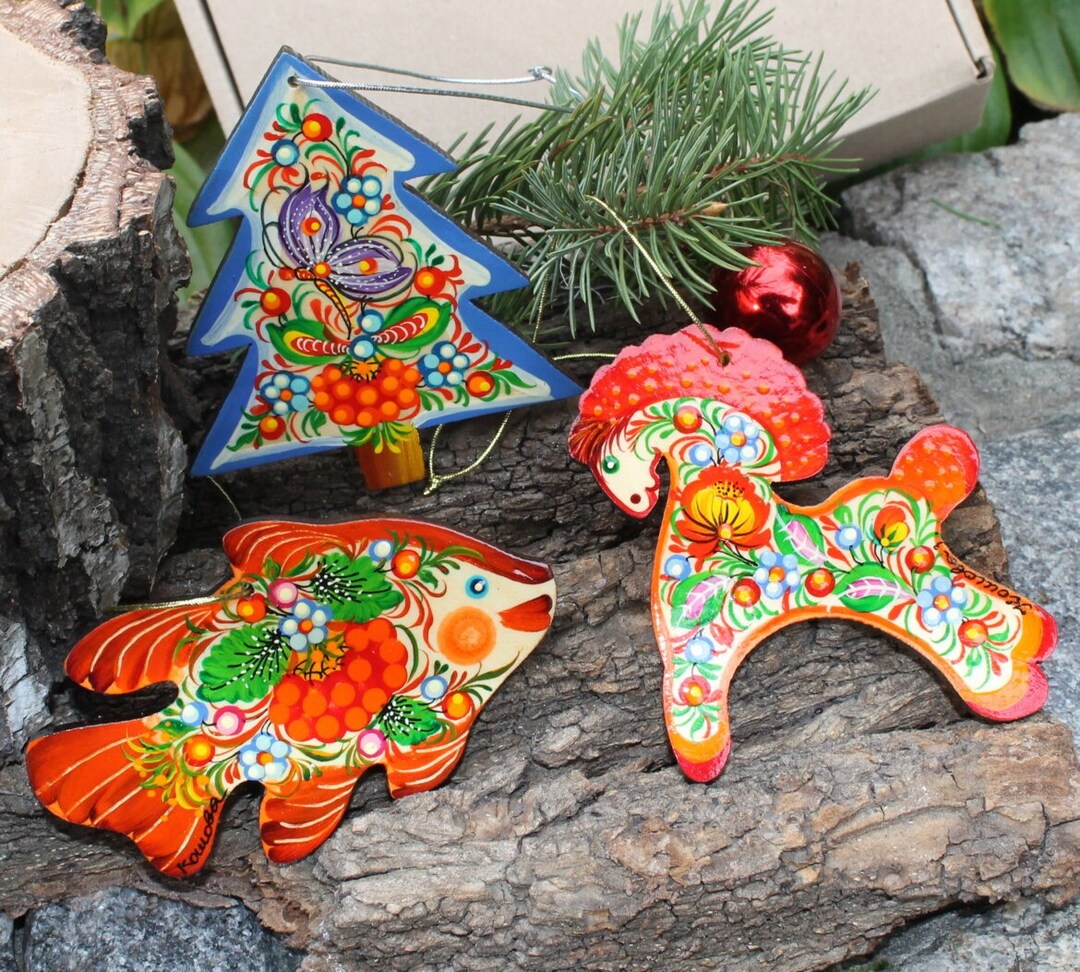 Ukrainian Handmade Wooden Christmas Ornaments Horse, Fish, Tree ...