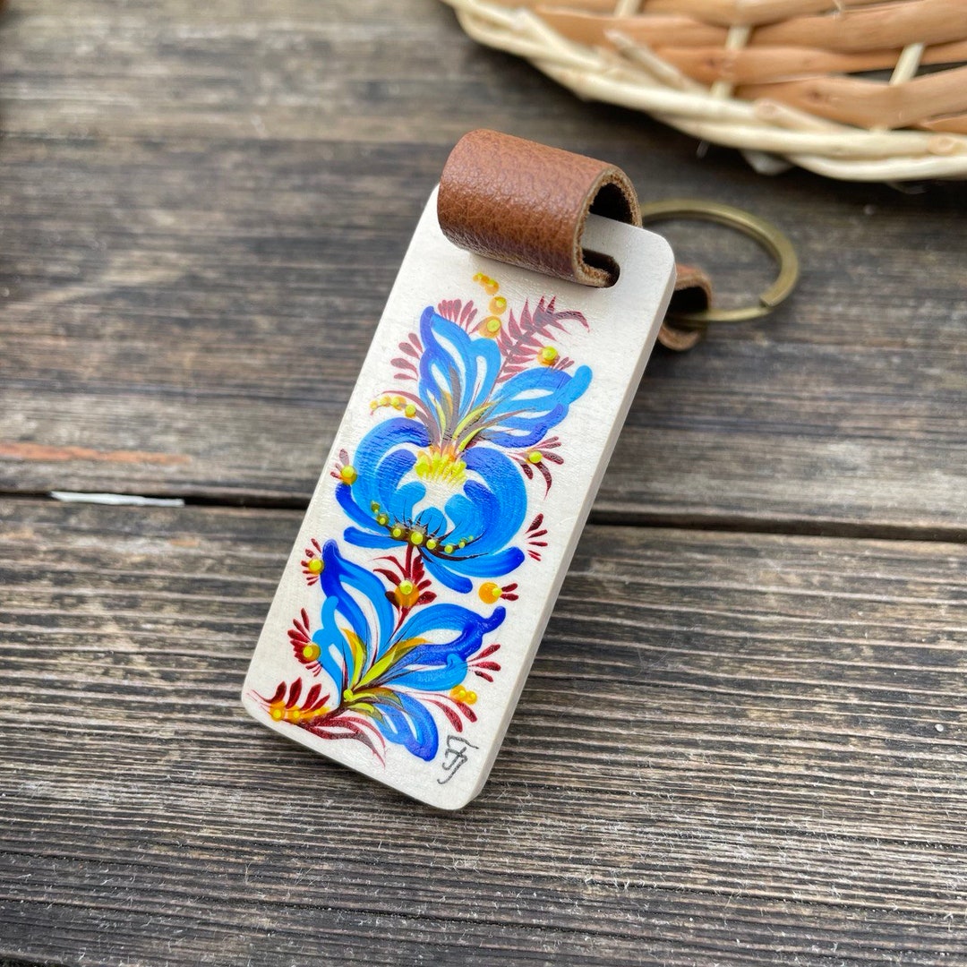 Ukrainian Wooden Keychain With a Leather Cord Folk Art Hand Painted ...