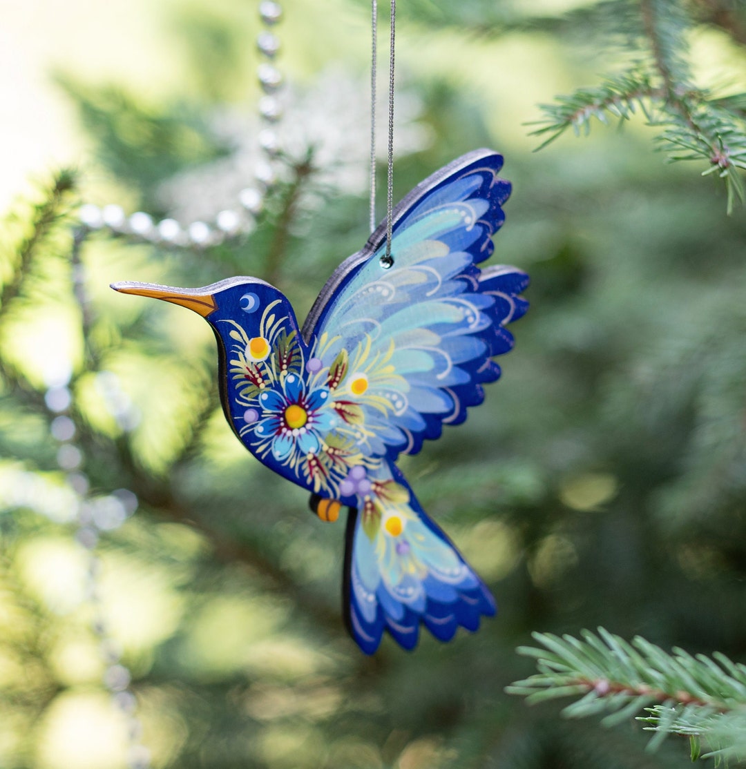 Hummingbird Christmas Ornament Wooden Ukrainian Hand-painted Bird Tree Flat Ornaments With ...