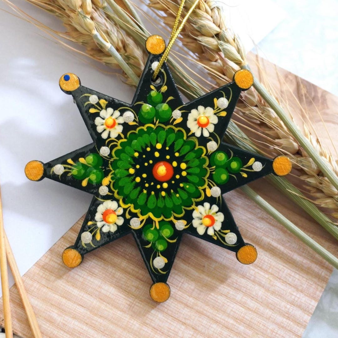 Handmade Christmas Star Ornament Folk Art Ukrainian Hand Painted Wooden ...