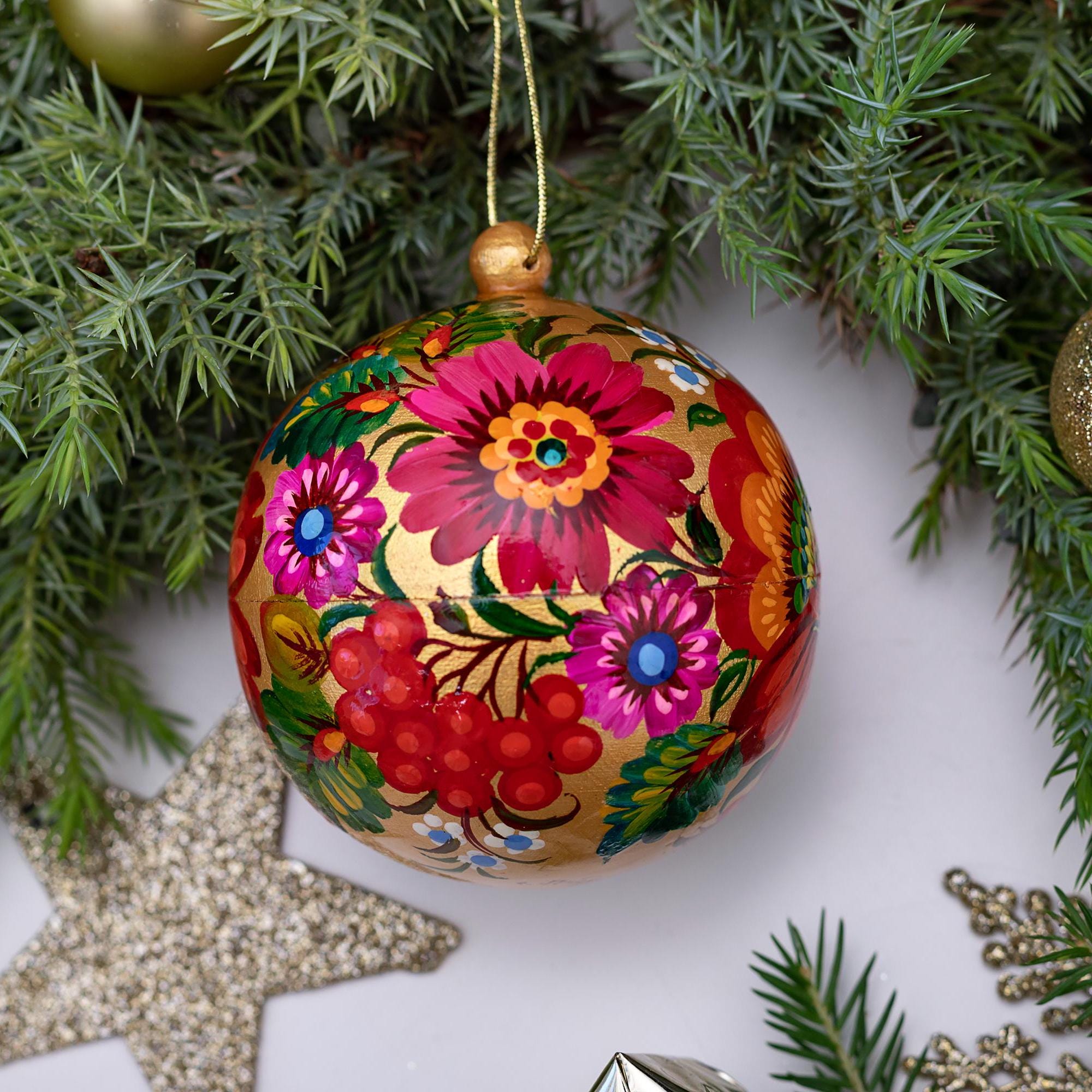 Hand Painted Christmas Balls, Openable Wooden With Petrykivka Painting ...