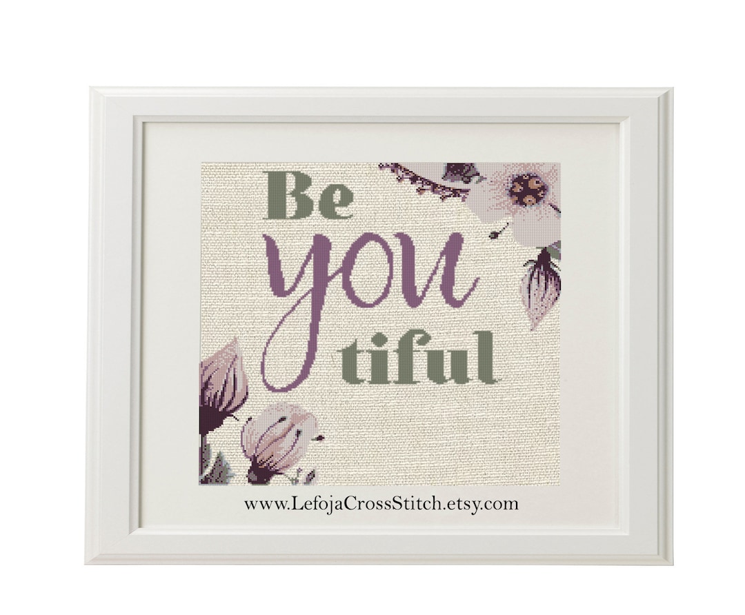 Beyoutiful Beautiful Typography Sign With Flowers Square Cross Stitch ...