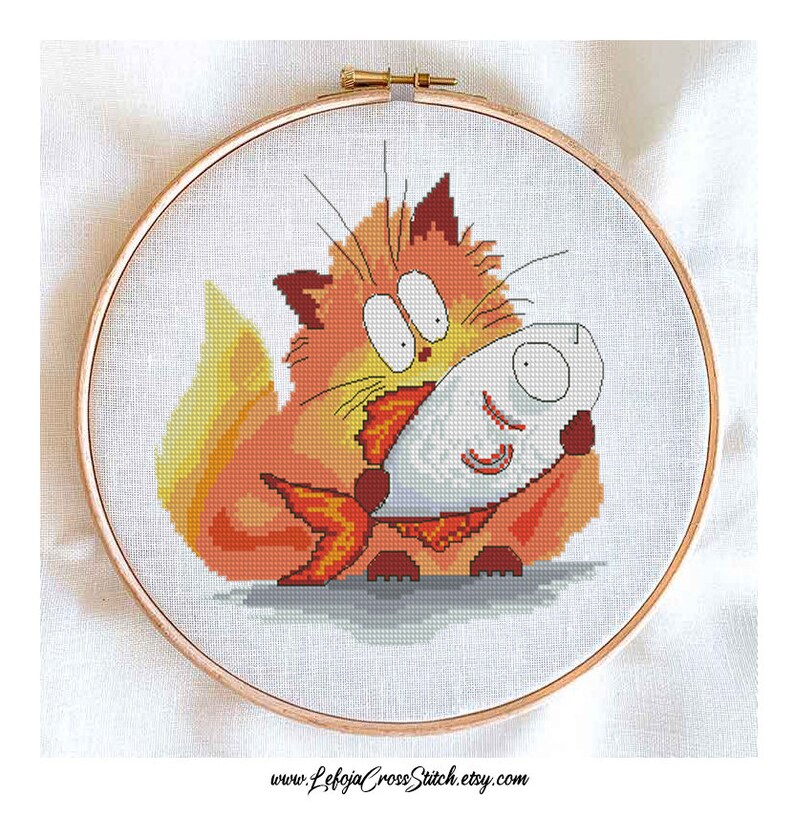 Cat with a Fish Cross Stitch Pattern Nursery Cute Animals | Etsy