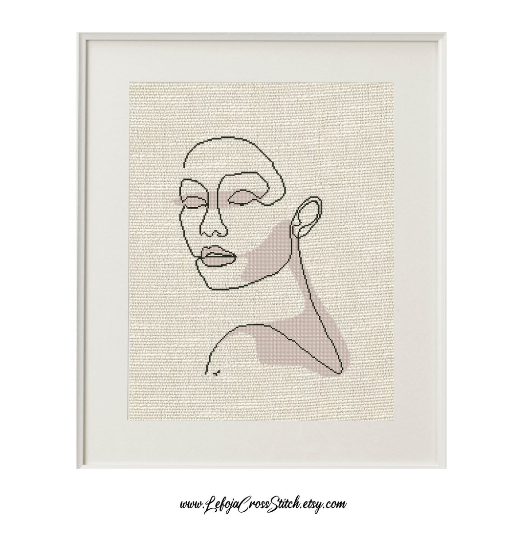 Modern Cross Stitch Pattern One Line Drawing Boho Woman Head, Beginner ...