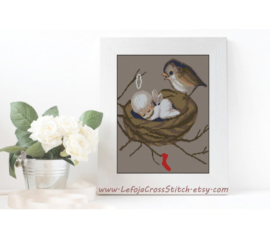 Little Bird Over Sleeping Baby Angel Cross Stitch Pattern | Etsy
